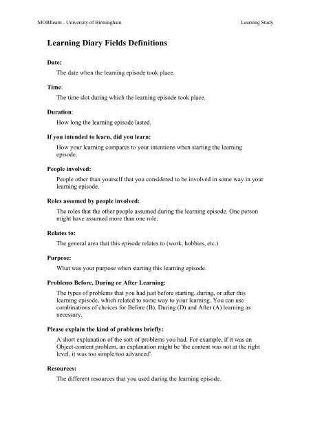 Learning Diary Fields Definitions - University of Birmingham