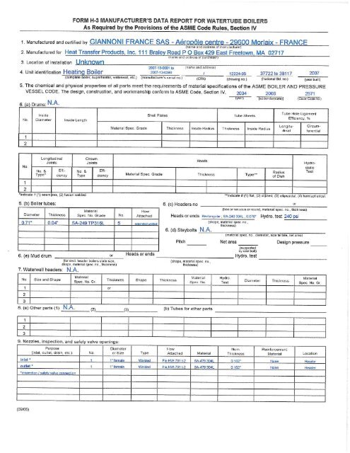 form h-3 manufacturer's data report for watertube boilers