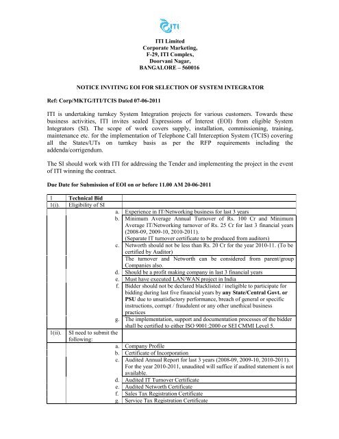 ITI is undertaking turnkey System Integration projects for ... - ITI ...