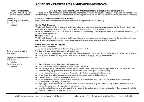 generic risk assessment: rock climbing/abseiling - eRiding