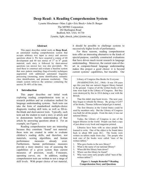 Deep Read: A Reading Comprehension System - CiteSeerX