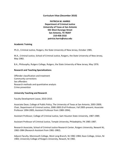Curriculum Vitae (December 2010) PATRICIA M. HARRIS ...