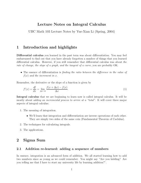 Lecture Notes On Integral Calculus Ugrad Math Ubc Ca