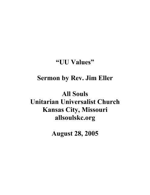 â UU Valuesâ Sermon by Rev. Jim Eller All Souls Unitarian ...