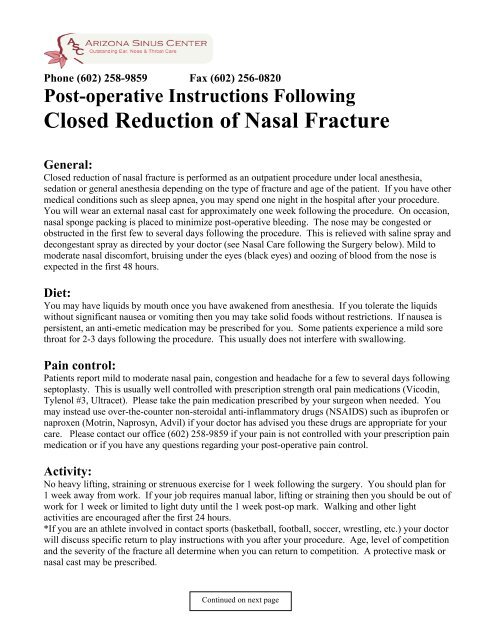 Post Op Instructions Closed reduction nasal fracture - Arizona Sinus ...