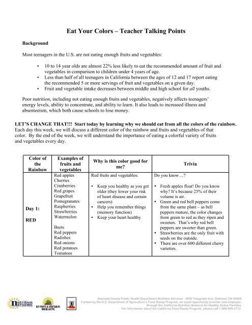 Teacher Talking Points - Healthy Living...for life! | Nutrition Services