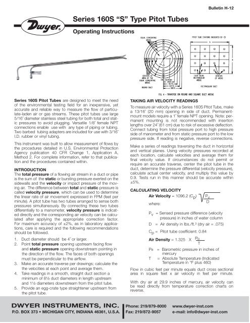 Series 160S “S” Type Pitot Tubes - Dwyer Instruments, Inc.