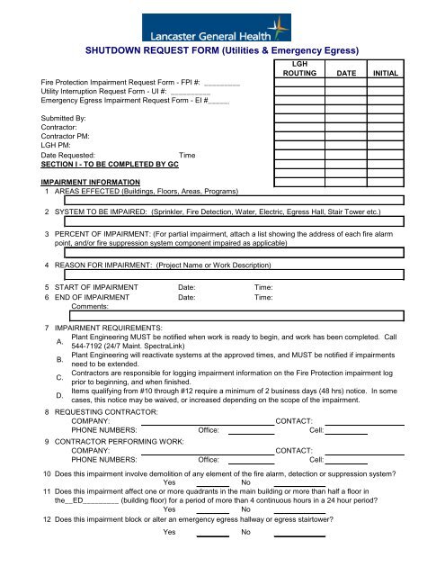 SHUTDOWN REQUEST FORM (Utilities & Emergency Egress)