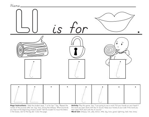 Page Instructions: Help the student read, Ã¢Â€ÂœL is for lips.Ã¢Â€Â Say ...