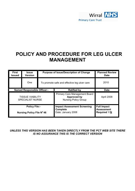 POLICY AND PROCEDURE FOR LEG ULCER MANAGEMENT