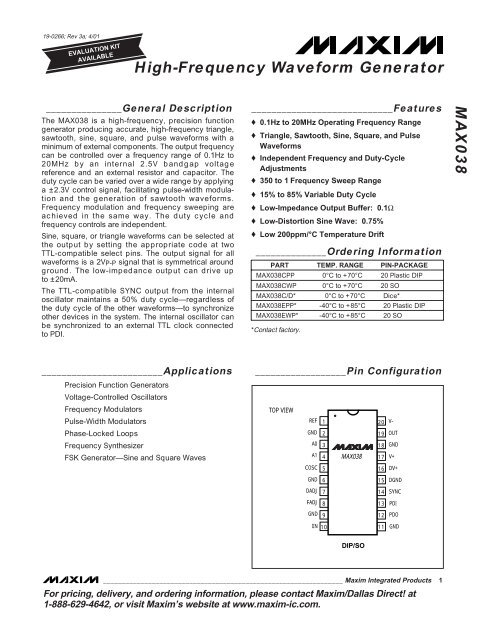 MAX038 High-Frequency Waveform Generator