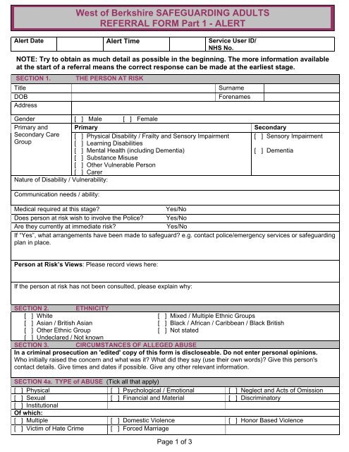 Safeguarding Adults Referral Form Part 1 - Reading Borough Council Safeguarding Adults Referral Form Part 1 - Reading Borough Council