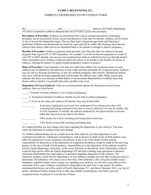 Embryo Cryopreservation Consent Form - Family Beginnings