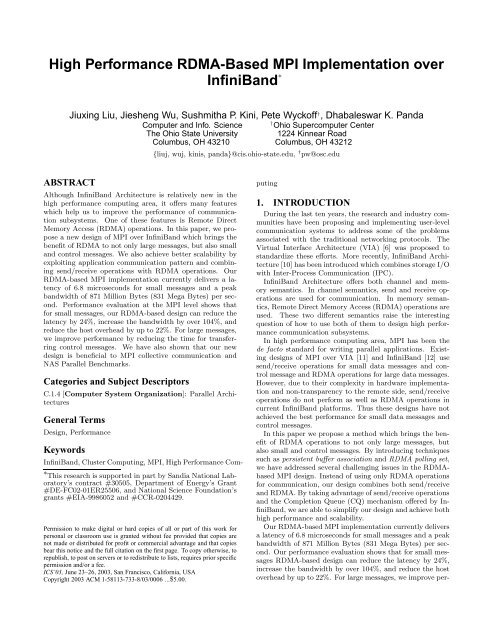 High Performance RDMA-Based MPI Implementation ... - CiteSeerX High Performance RDMA-Based MPI Implementation ... - CiteSeerX