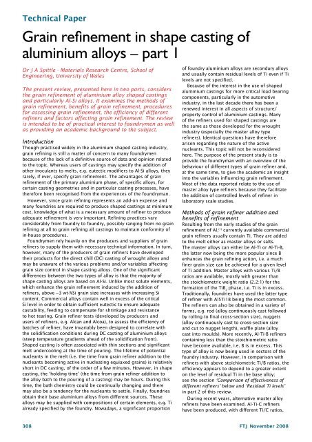 Grain refinement in shape casting of aluminium alloys â part 1