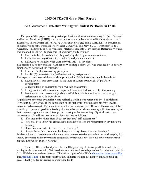 Self-Assessment Reflective Writing for Student Portfolios in FSHN