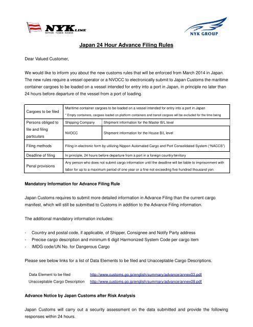 Japan 24 Hour Advance Filing Rules - NYK Line