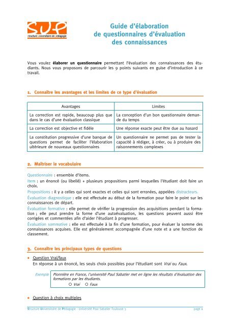 Guide d'Ã©laboration de questionnaires d'Ã©valuation des ... - SUP