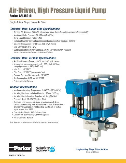 Air-Driven, High Pressure Liquid Pump - Parker Autoclave Engineers