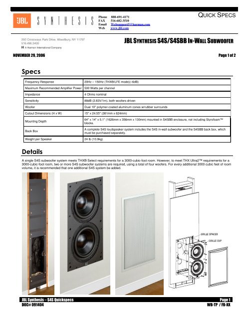 S4S Quick Specs - JBL Synthesis