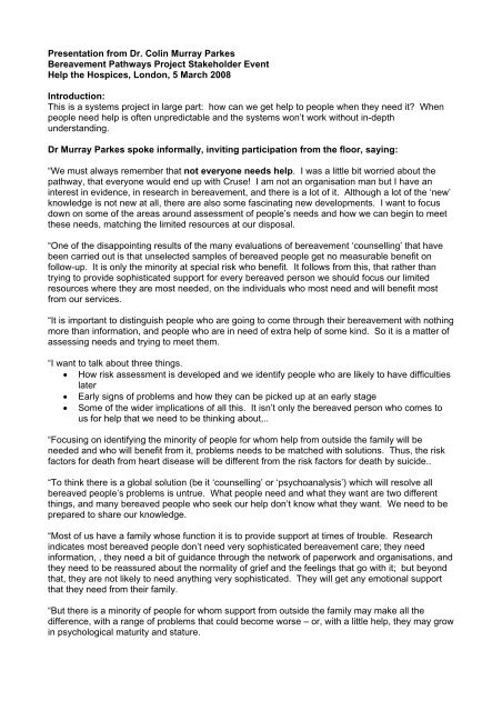 Presentation from Dr. Colin Murray Parkes Bereavement Pathways ...