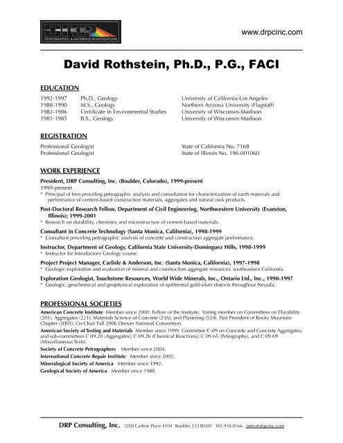 David Rothstein, Ph.D., P.G., FACI - DRP Consulting, Inc.