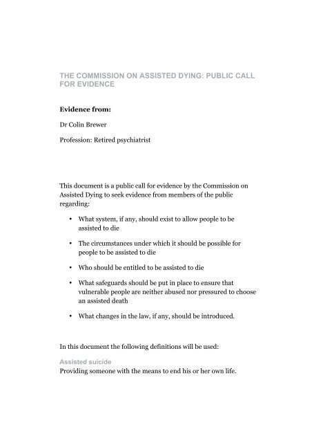 Dr Colin Brewer - Commission On Assisted Dying