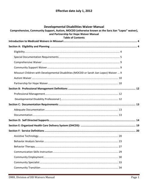 Effective date July 1, 2012 Developmental Disabilities Waiver Manual
