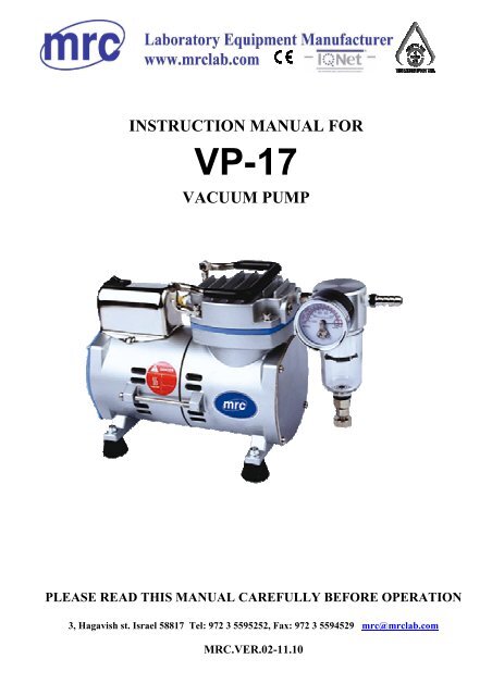 INSTRUCTION MANUAL FOR VACUUM PUMP - MRC