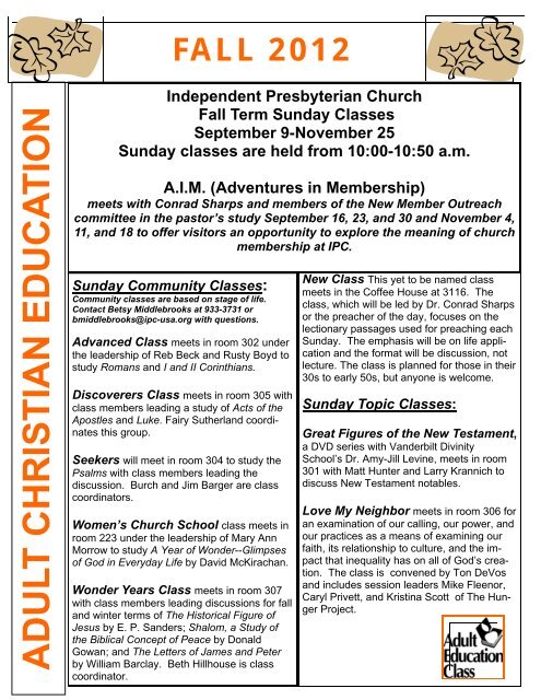 Fall Term Adult Education Classes - Independent Presbyterian Church