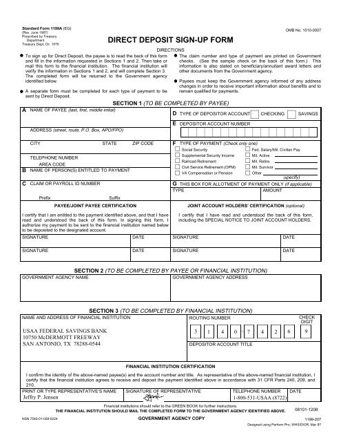 Standard Form 1199A Direct Deposit Sign up Form June USAA