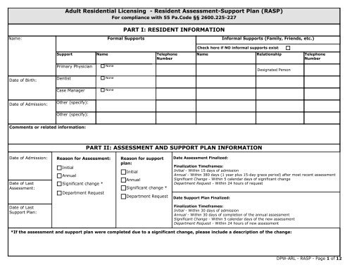 Adult Residential Licensing - Resident Assessment-Support Plan ...
