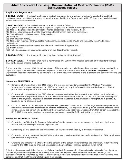 Adult Residential Licensing Documentation Of Medical Evaluation