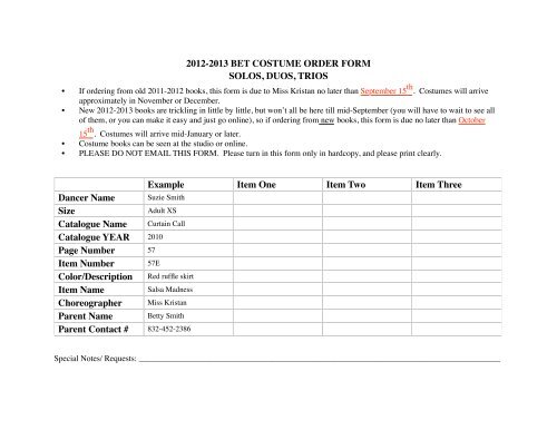 Solo/Duo/Trio Costume Order Form