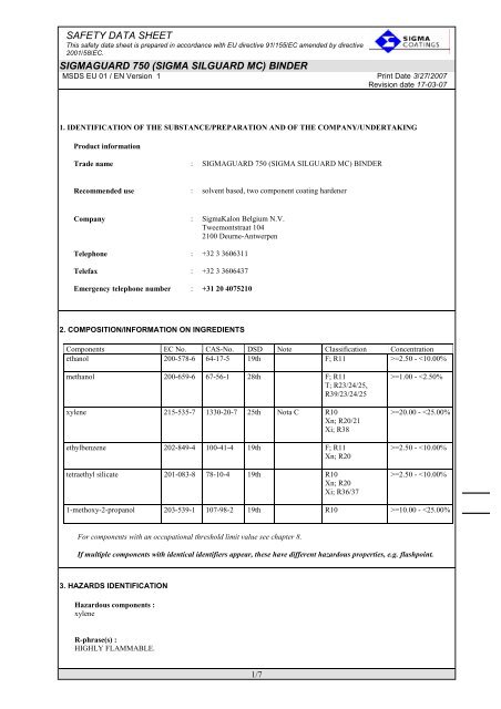 SAFETY DATA SHEET SIGMAGUARD 750 ... - SIGMA PAINTS