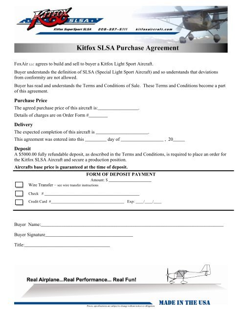 Purchase Agreement - Kitfox Aircraft