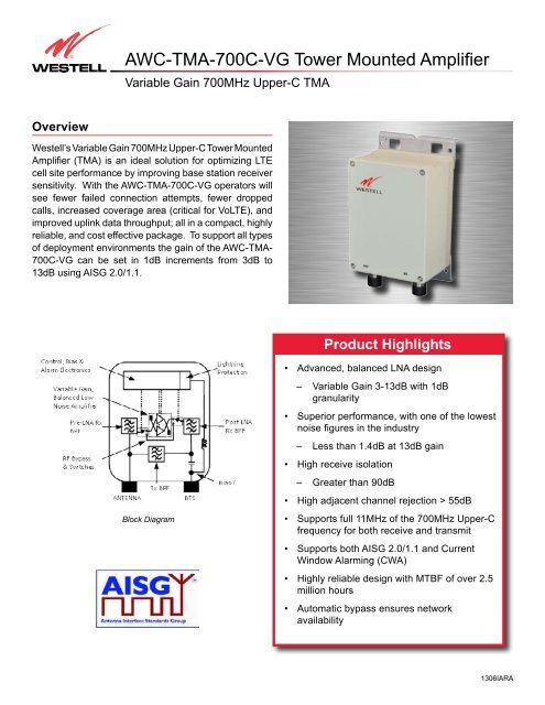 AWC-TMA-700C-VG Tower Mounted Amplifier - Westell ...