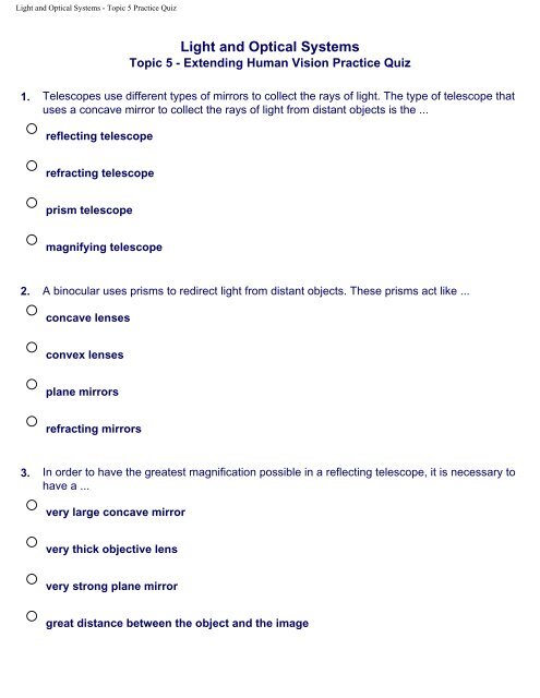 Light and Optical Systems - Topic 5 Practice Quiz - Ed Quest