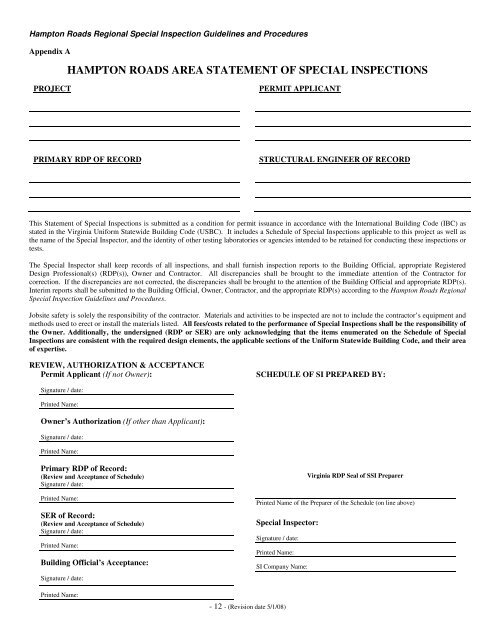 Special Inspections Form - City of Chesapeake