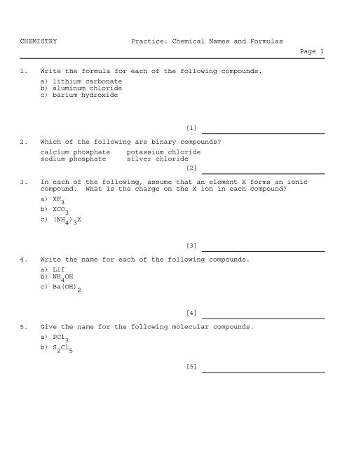 CHEMISTRY Practice: Chemical Names and Formulas Page 1 1 ...