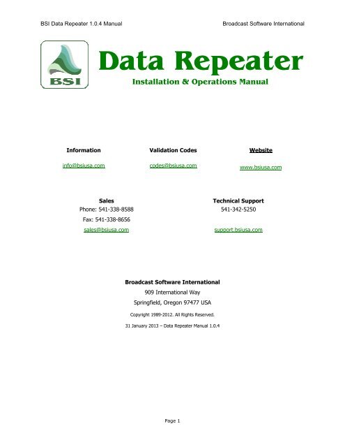 Data Repeater 1.0.4 Manual - Broadcast Software International