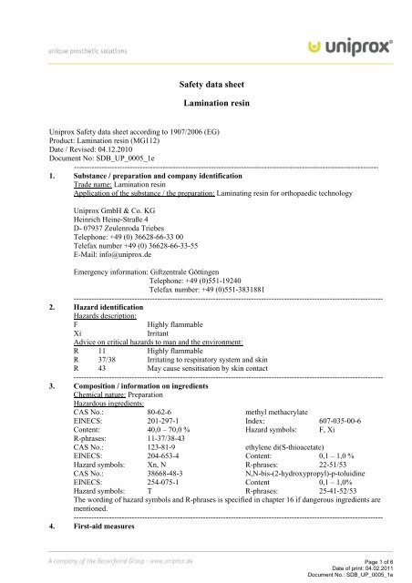 Safety data sheet MG112 Lamination resin (PDF, 170 KB) - uniprox