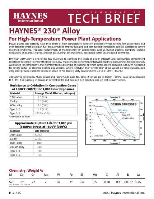 HAYNES ® 230 ® alloy For Power Plant Applications
