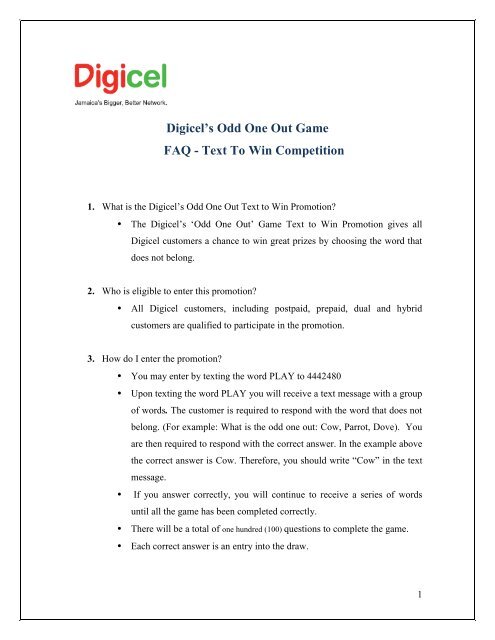 Digicel's Odd One Out Game FAQ - Text To Win ... - Digicel Jamaica