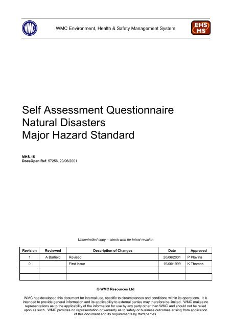 Self Assessment Questionnaire Natural Disasters Major ... - MIRMgate