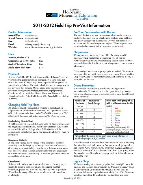 Pre-Visit Information Sheet - Illinois Holocaust Museum & Education ...