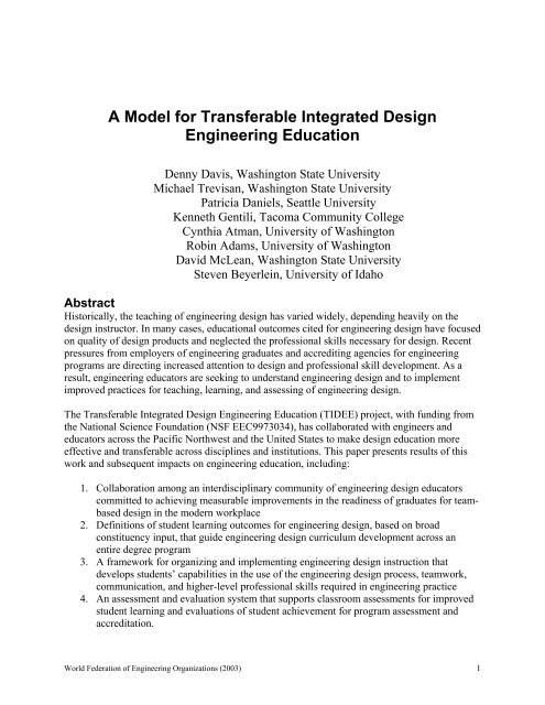 A Model for Transferable Integrated Design Engineering Education