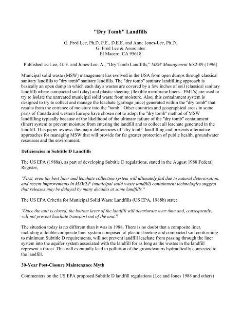 "Dry Tomb" Landfills - G. Fred Lee & Associates