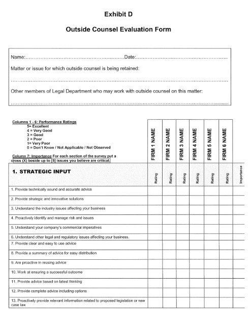 Exhibit D Outside Counsel Evaluation Form - acrel