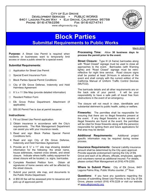 APPLICATION FOR STREET USE PERMIT - City of Elk Grove